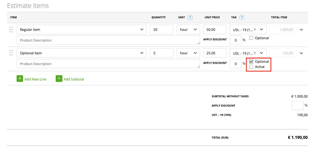 Optional items in an estimate – Zistemo Knowledge Base