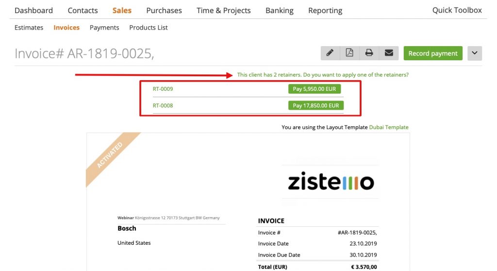 How to use the Retainer for Paying an Invoice? – Zistemo Knowledge Base