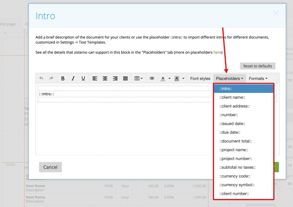List of all Placeholders – Zistemo Knowledge Base
