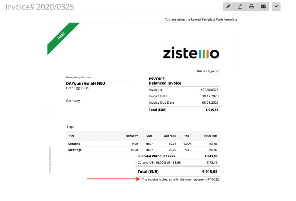Balanced Invoice with Retainer – Zistemo Knowledge Base